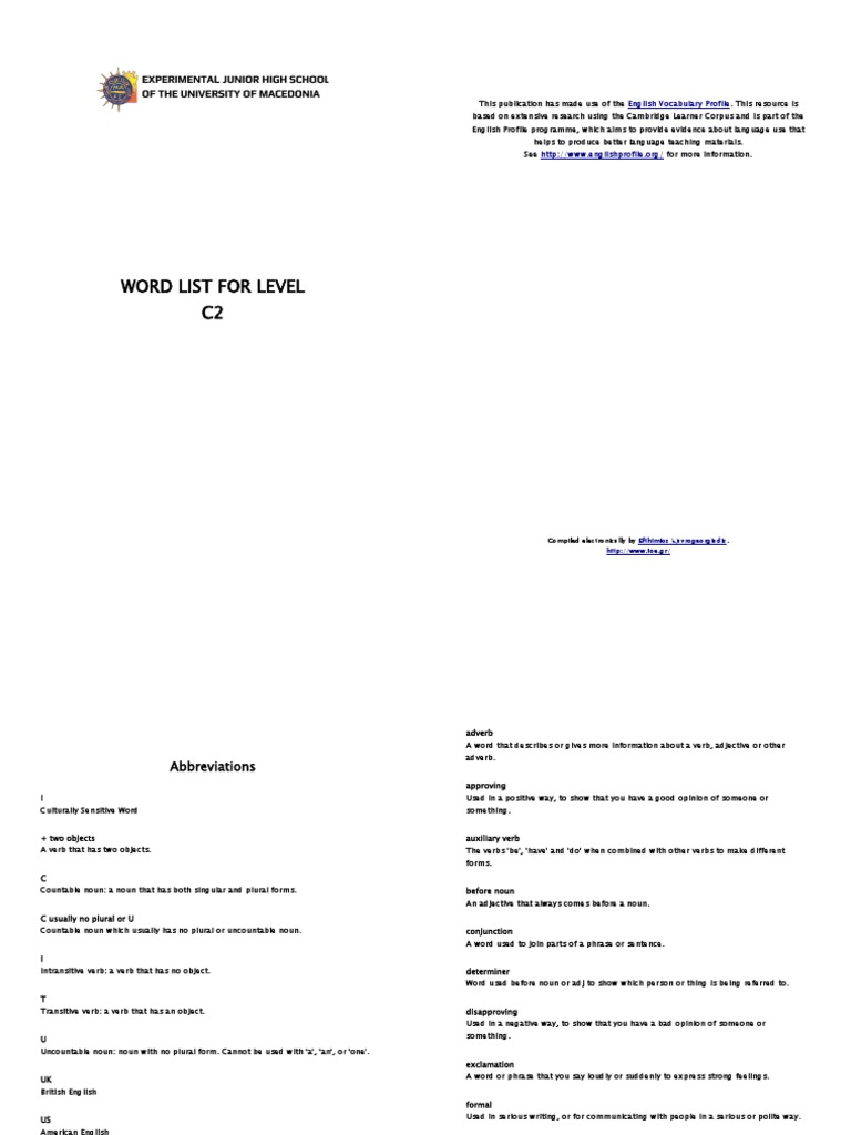 Level C2 Word List | PDF | Verb | Adverb