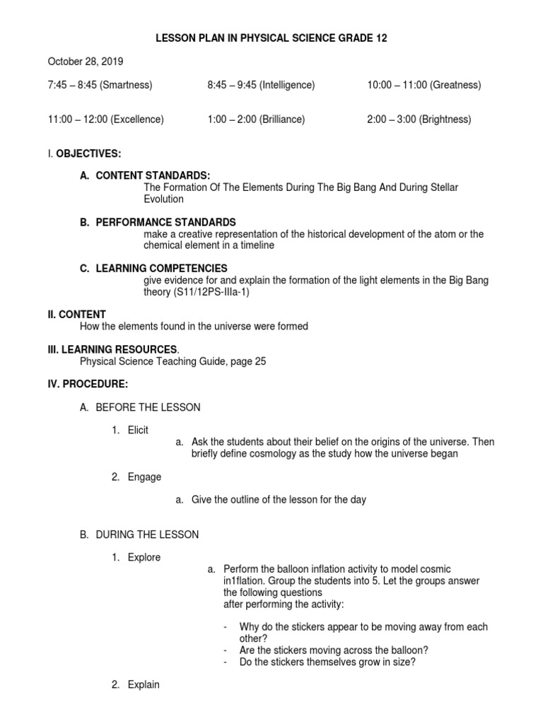 7 E S Lesson Plan | PDF | Big Bang | Universe