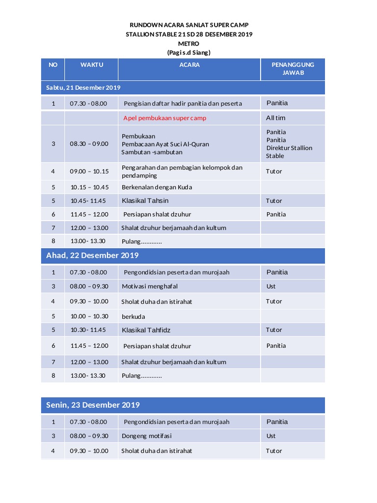 RUNDOWN ACARA SANLAT SUPER CAMP Yang Pagi | PDF