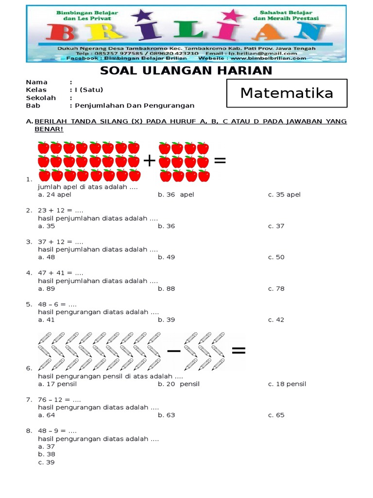 Soal Matematika Kelas 1 SD Bab 6 Penjumlahan Dan Pengurangan Dan Kunci ...