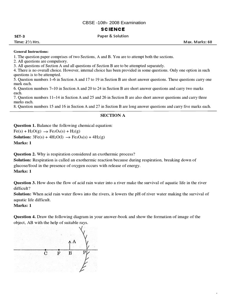 CBSE Class 10 Science Question Paper With Solutions 2008 | PDF ...
