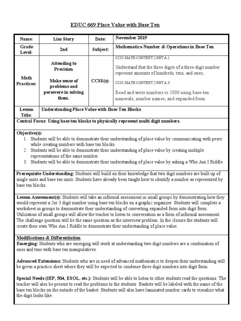 Lesson Plan Place Value | PDF | Decimal | Teachers
