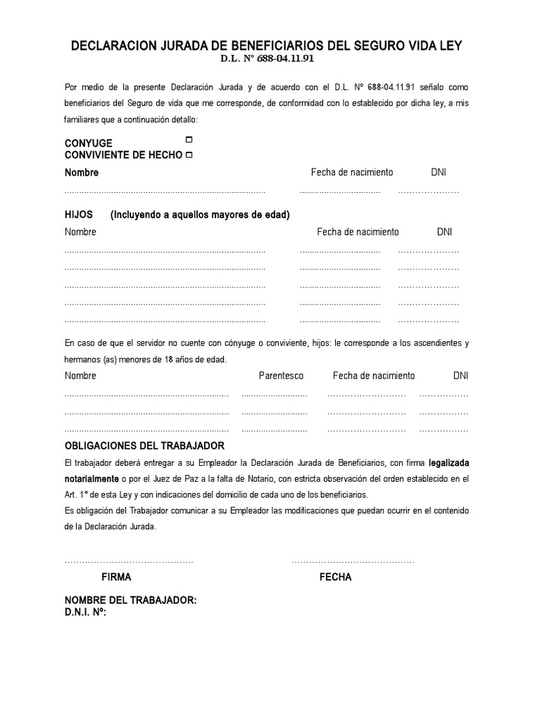 Declaracion Jurada de Beneficiarios Del Seguro Vida Ley | PDF | Gobierno | Justicia