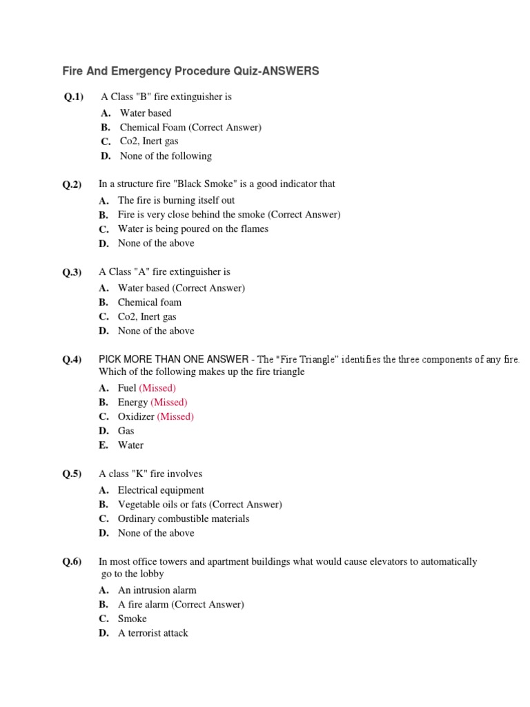 Fire and Emergency Procedure Quiz Answers | PDF | Fires | Hazards