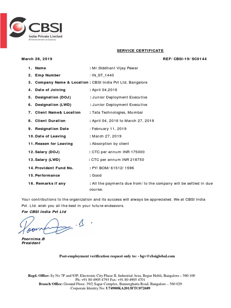 Employee Service Certificate | PDF