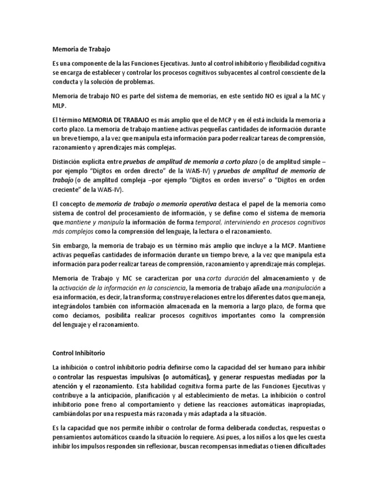 Memoria De Trabajo Pdf Memoria De Trabajo Funciones Ejecutivas