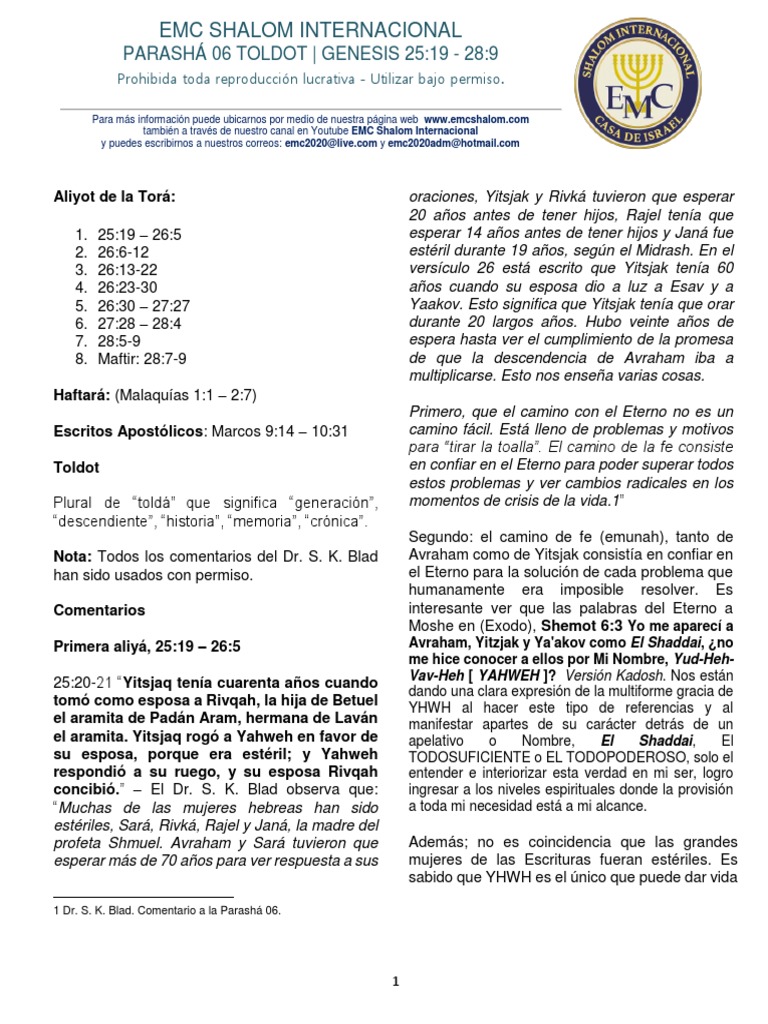 Parash - 6 Toldot | PDF | Tora | Libro del Génesis