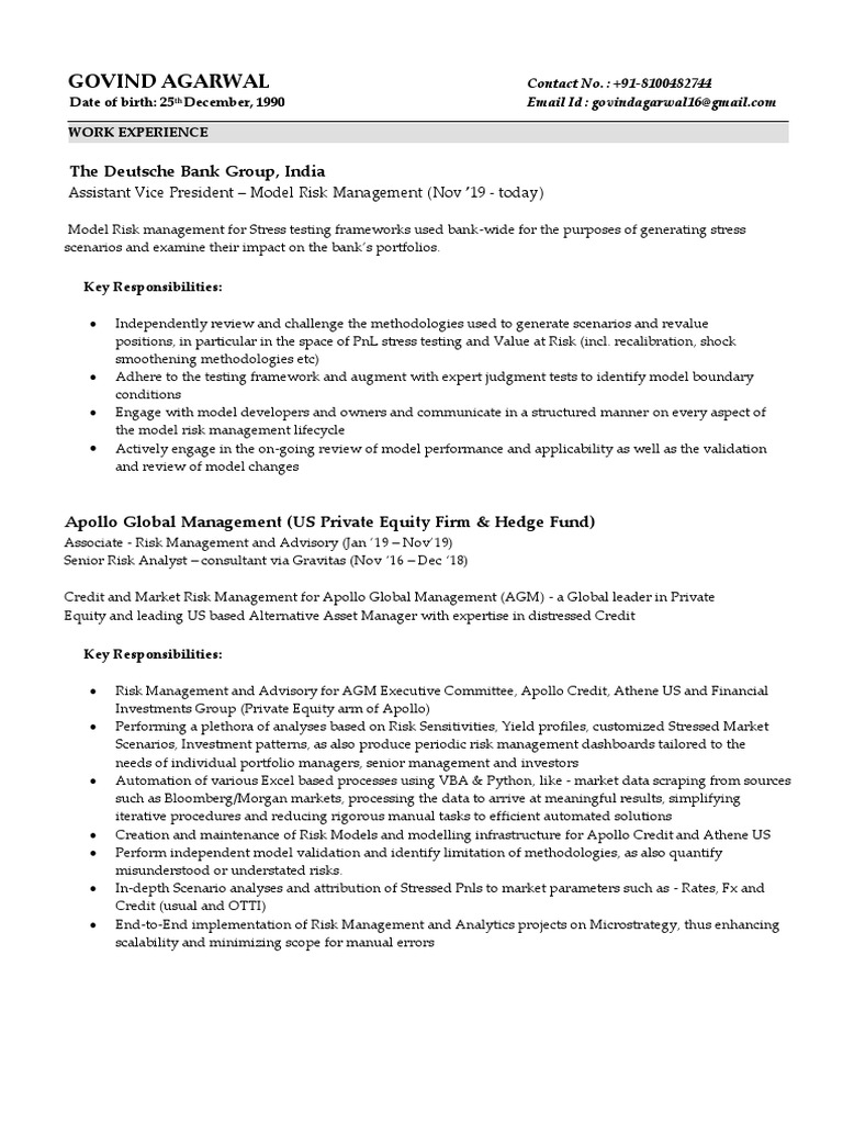 Risk Management Resume Sample | PDF | Value At Risk | Risk Management