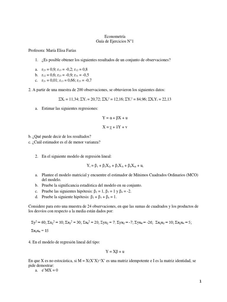 Guia de Ejercicios ECO I UDP | PDF | Mínimos cuadrados ordinarios | Métodos matemáticos y ...