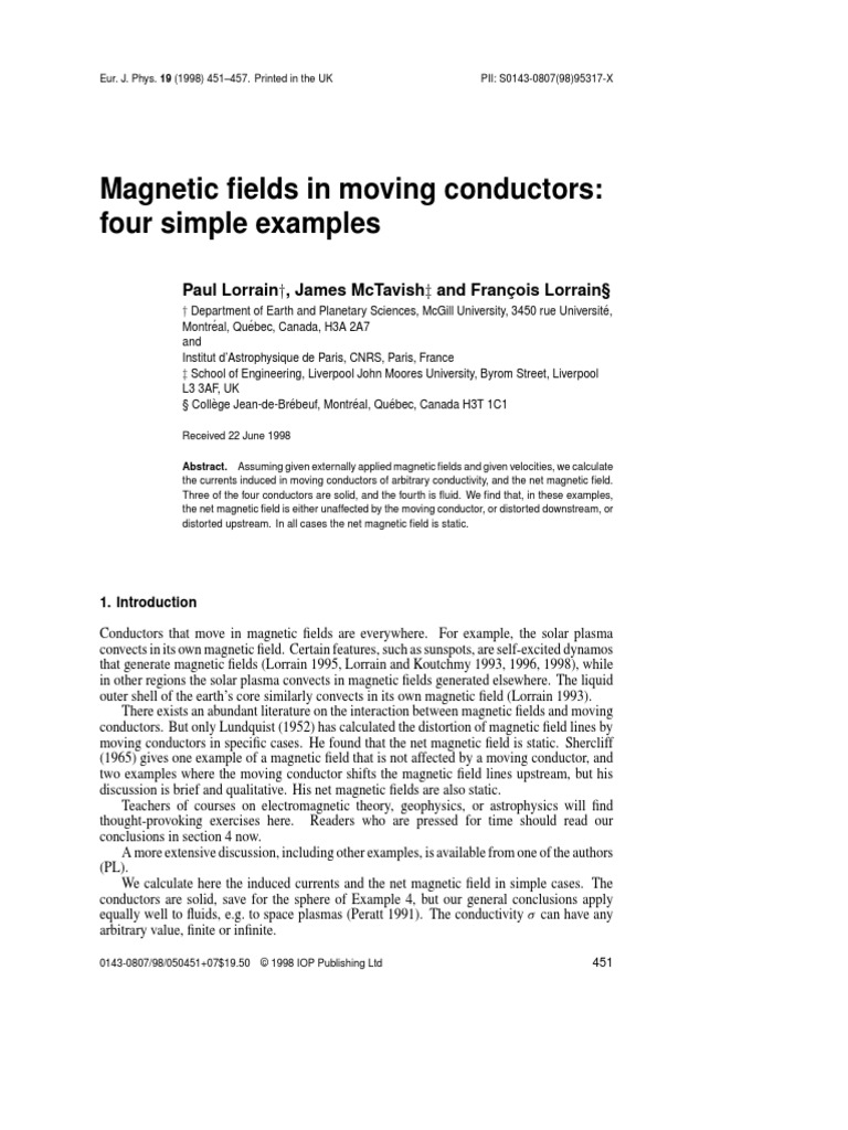 Moving Conductor in A Static Magnetic Field | PDF | Magnetic Field ...