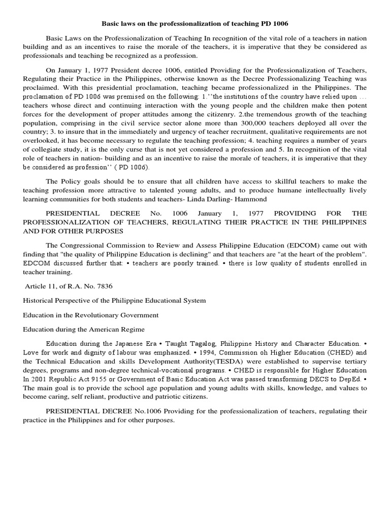 Basic Laws On The Professionalization of Teaching PD 1006 Edited Oct 11 2019 | PDF | Academic ...