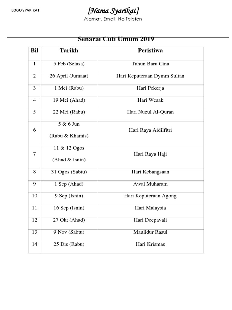 Contoh Cuti Umum | PDF