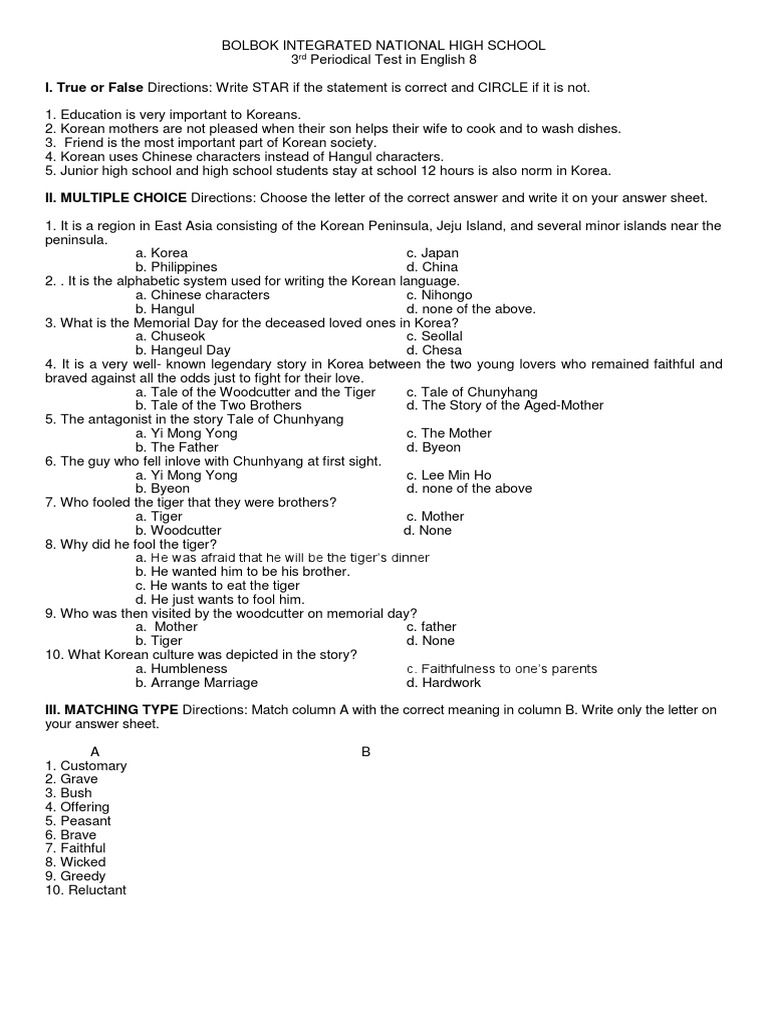 Grade 8 English With Answer Key | PDF | Korea | East Asia