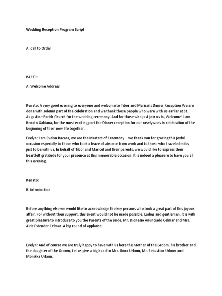 Wedding Reception Program Script | Download Free PDF | Wedding | Bridesmaid