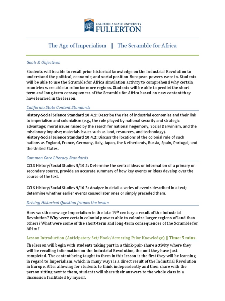 Scramble for Africa: Lesson Plan Overview | PDF | Imperialism | Colonialism