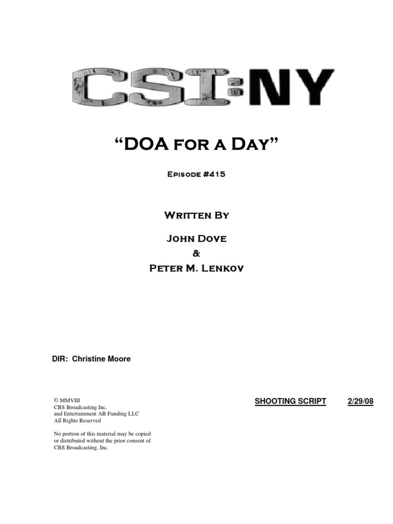 DOA For A Day - CSI New York Script | PDF | Crime Thriller | Nature