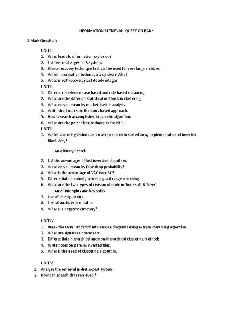 Information Retrieval - Question Bank | PDF | Cluster Analysis | Algorithms