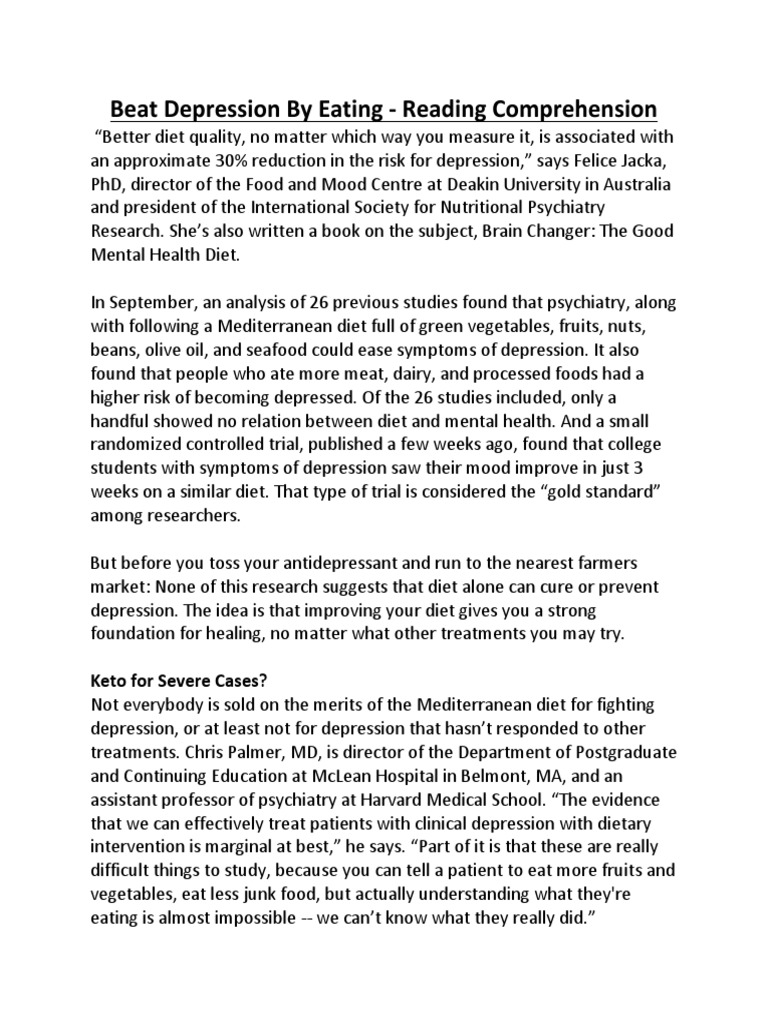 Beat Depression by Eating - Reading Comprehension | PDF | Major ...