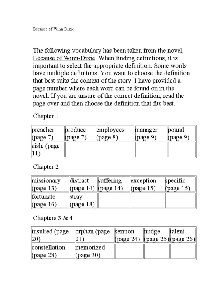 Vocabulary Guide for Because of Winn-Dixie | PDF | Books | Human ...