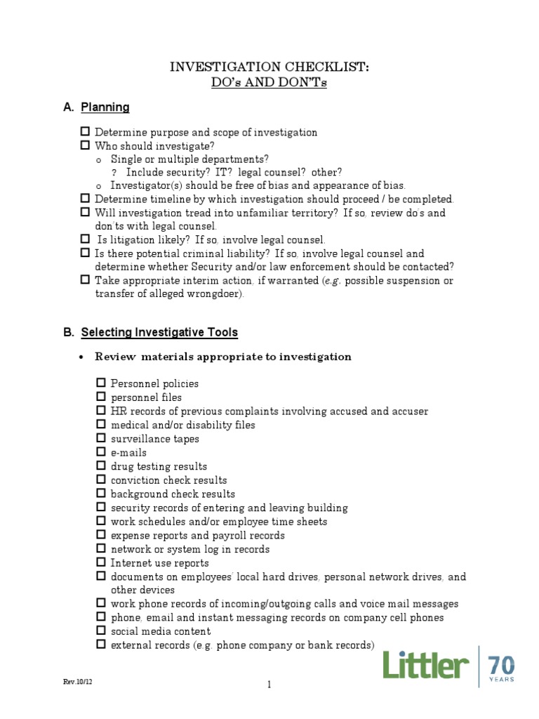 Investigation Checklist | PDF | Witness | Interview