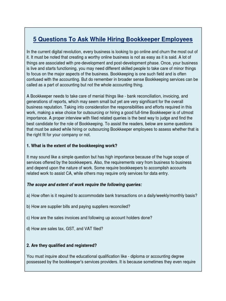 5 Questions To Ask While Hiring Bookkeeper Employees | PDF | Business ...