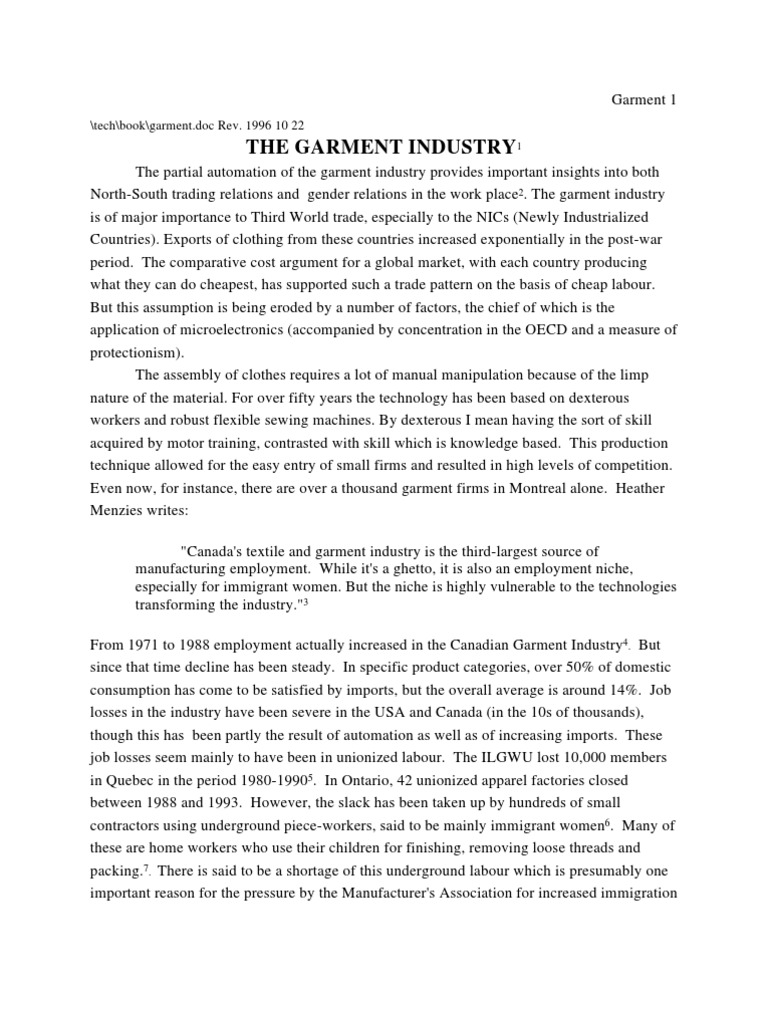 The Garment Industry: /tech/book/garment - Doc Rev. 1996 10 22 | PDF