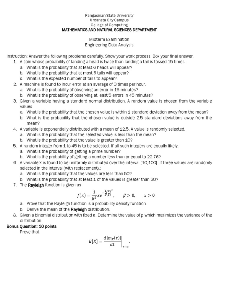 Engineering Data Analysis Exam | PDF | Mean | Probability