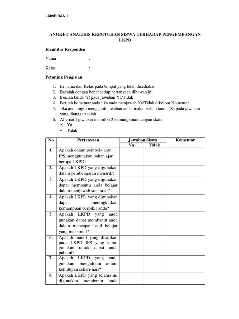 Lampiran 1 Angket Analisis Kebutuhan Siswa | PDF