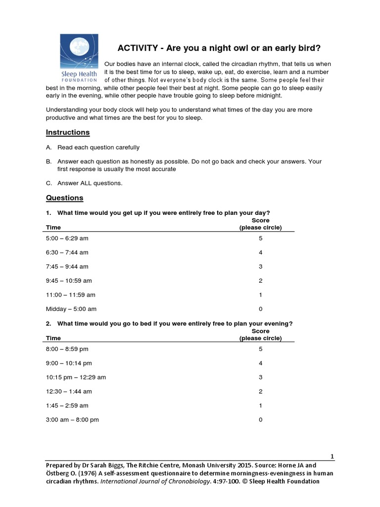 Horne - Ostberg Morning-Eveningness Questionnaire | PDF | Sleep ...