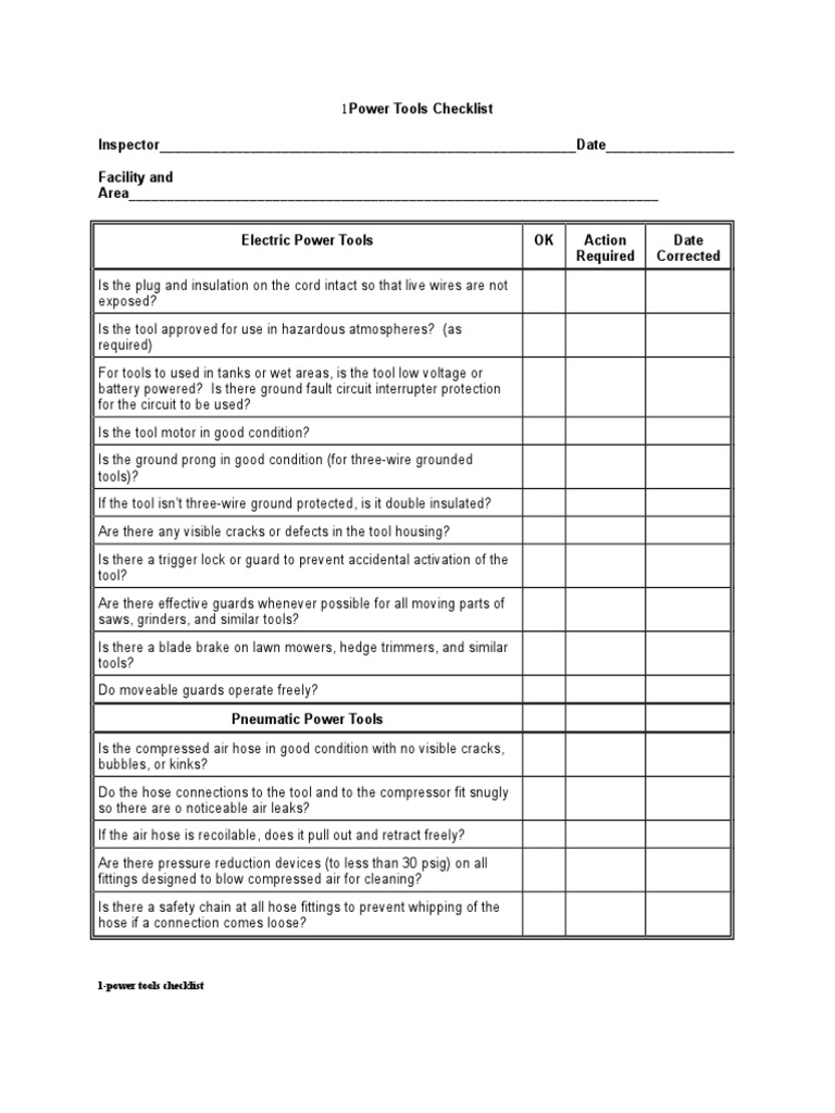 Power Tools Inspection Checklist | PDF | Insulator (Electricity ...