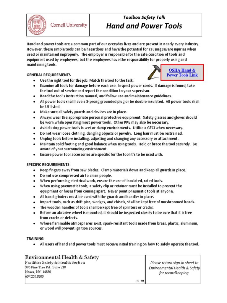 Hand and Power Tools Safety Talk | PDF | Personal Protective Equipment ...