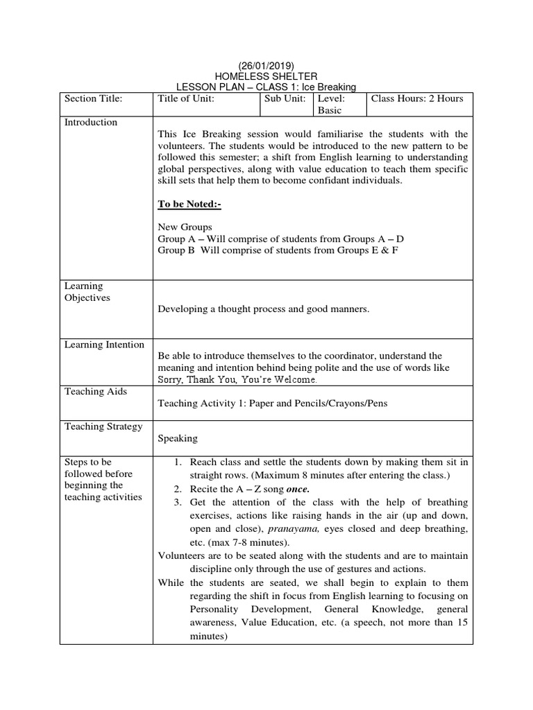 Lesson Plan - Class 1 - Ice Breaking Session | PDF | Lesson Plan ...