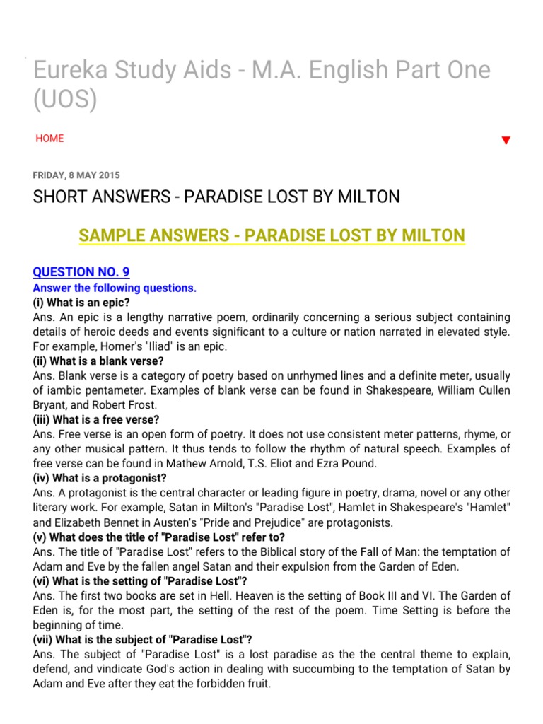 Key Insights on Paradise Lost | PDF | Paradise Lost | Adam And Eve
