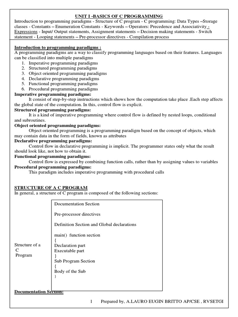 C Unit 1 | PDF | Programming Paradigms | Programming Language C Unit 1 | PDF | Programming Paradigms | Programming Language