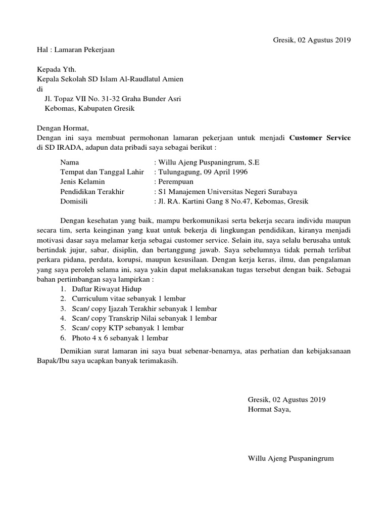 Surat Lamaran SD IRADA | PDF