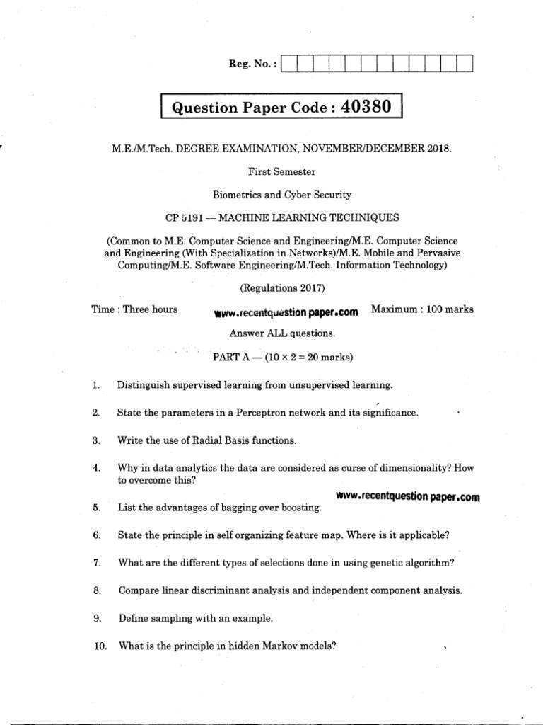 CP5191 Machine Learning Techniques Question Paper | PDF