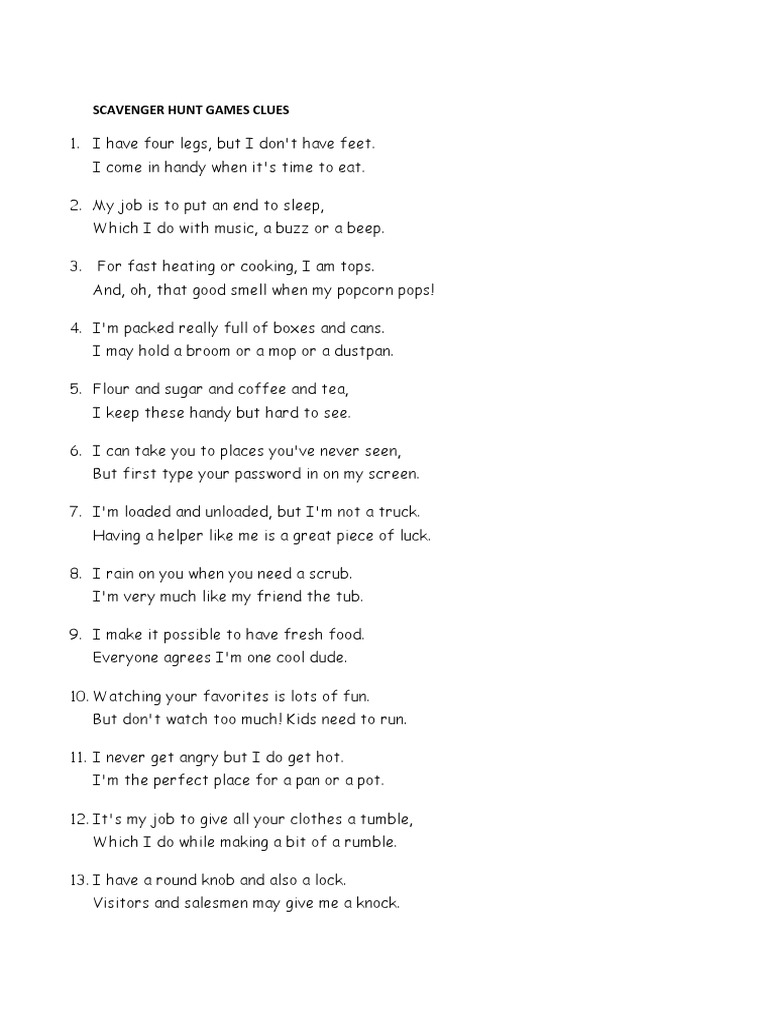 Scavenger Hunt Clues | PDF | Kitchen | Home