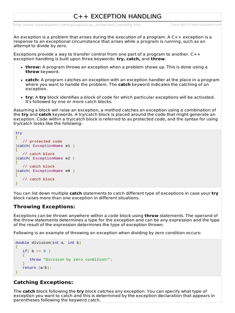 CPP Exceptions Handling PDF | PDF | C++ | Computer Programming