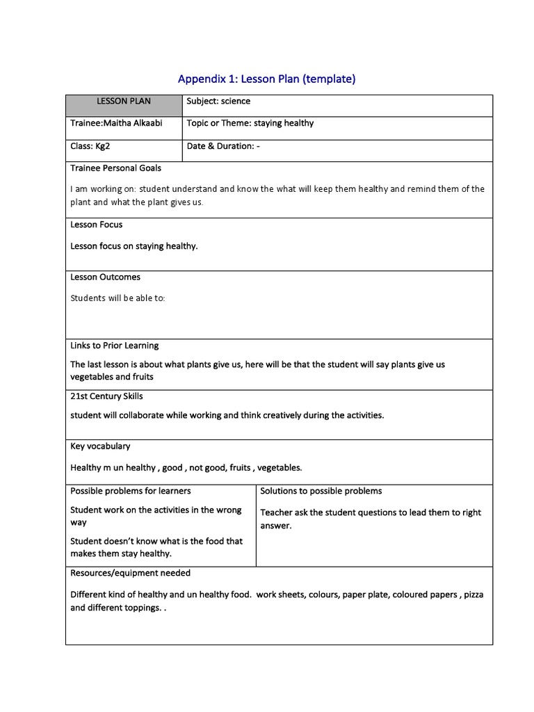 Healthy Living Lesson Plan for KG2 | PDF | Lesson Plan | Behavior ...
