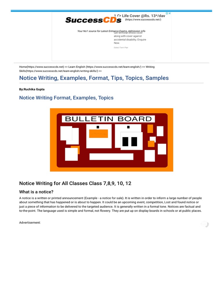 Notice Writing, Notice Format, Topics, Examples, Samples PDF | PDF ...