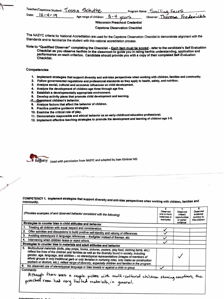 Capstone Observation Checklist | PDF | Child Development | Relationships