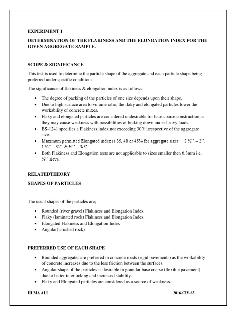 Determination of Flakiness and Elongation Index For The Given Aggregate ...