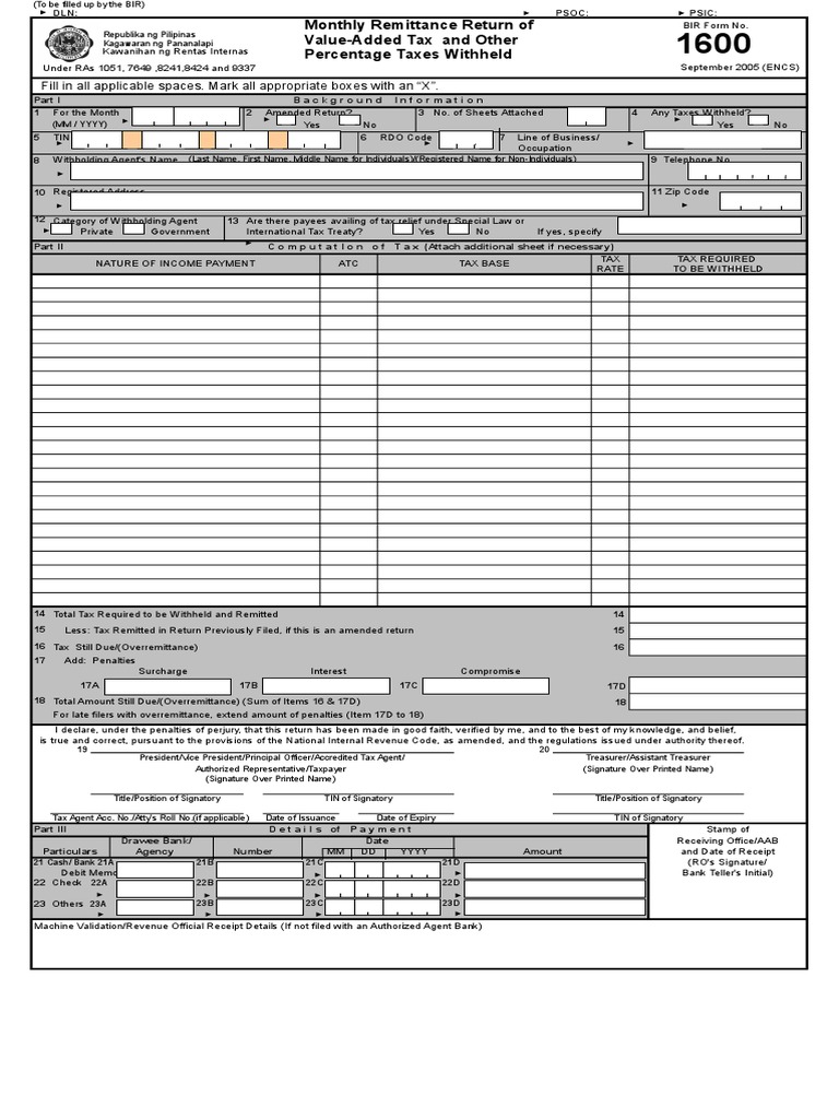 BIR Form No. 1600: Monthly Remittance Return of Value-Added Tax and ...