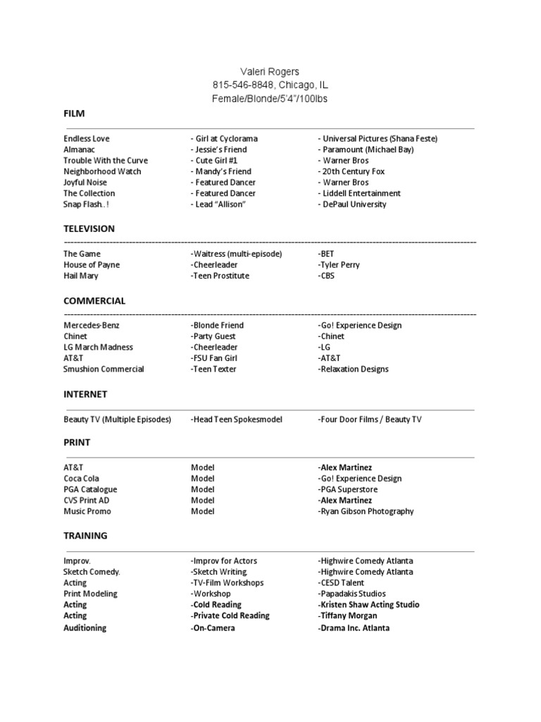 Valeri Rogers Acting Resume | PDF