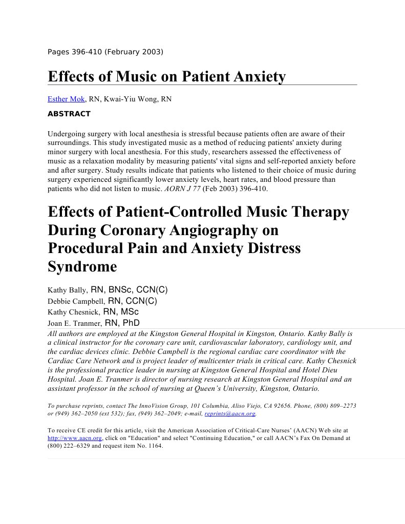 Effects of Music On Patient Anxiety: Esther Mok | PDF | Stress (Biology ...