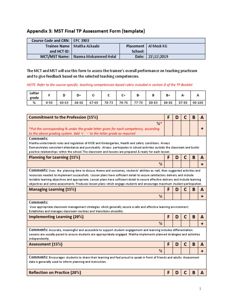 Appendix 3 MST Final TP Assessment Form (Template) | PDF | Lesson Plan ...