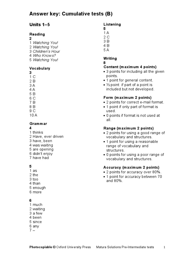 Sol Tests Pre-Int Cumulative Tests Answer Key B | PDF