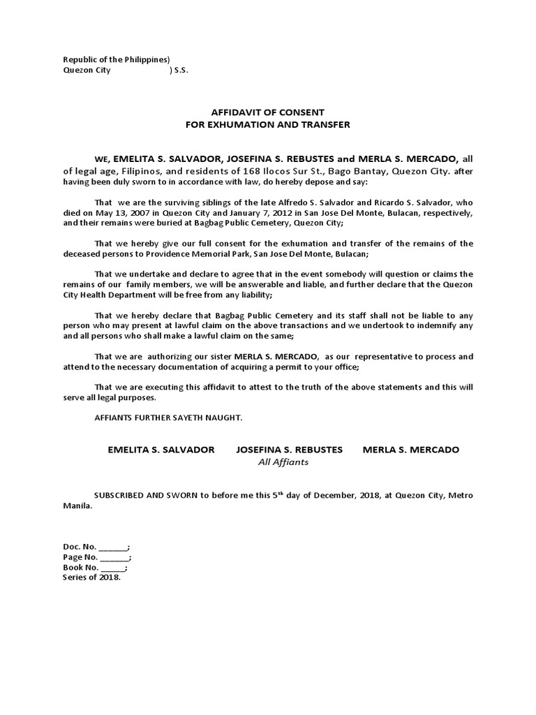 Exhumation Consent Affidavits | PDF | Affidavit | Legal Procedure