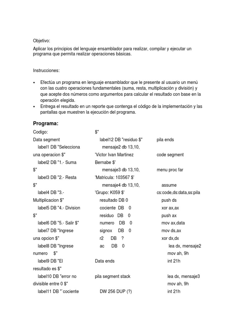 Calculadora de Operaciones Básicas en Lenguaje | PDF | Programa de computadora | Programación