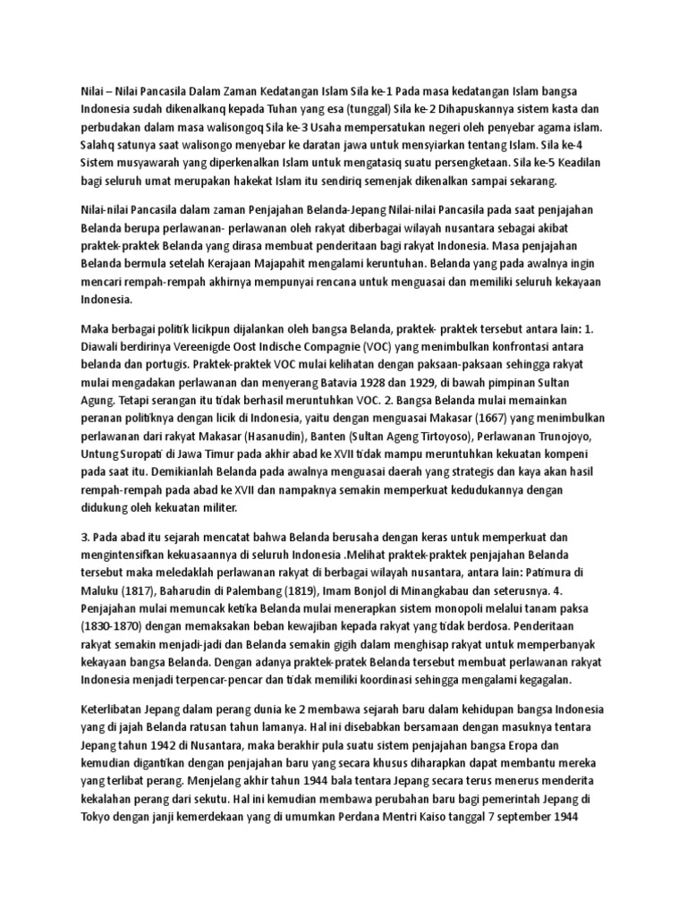 Nilai Nilai Pancasila Pada Zaman Penjajahan Penjajahan Pdf 